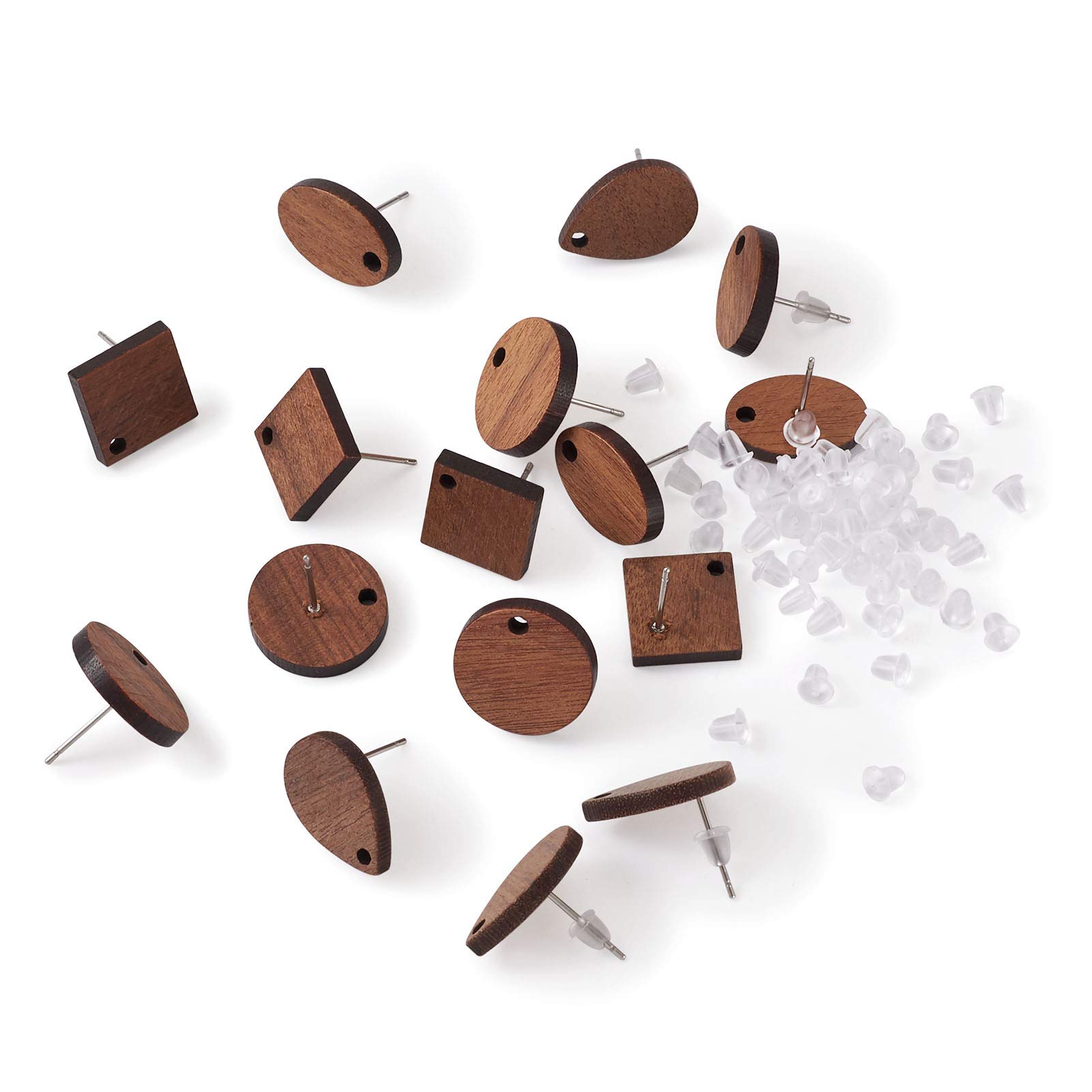 FASHEWELRY 16Pcs Wood Stud Earring Posts with Loop Teardrop Rhombus Oval Flat Round Wood Stud Earring with Ear Nuts for DIY Wooden Earrings Making (CoconutBrown)