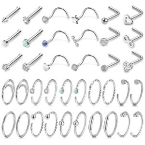 sunligoo nose rings 20g 38pcs stainless steel nose studs cz l bone screw shaped silver hoop nose ring labret nose piercing jewelry for women men