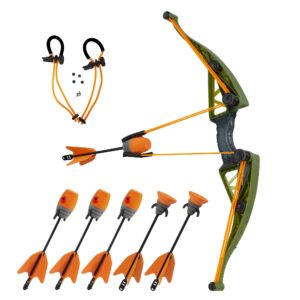 zing air hunterz z-curve bow pack, 1 green bow, 4 orange zonic whistle arrows, 2 orange suction cup arrows and 1 bungee, shoots arrows up to 200 feet