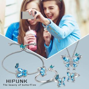 Hipunk Butterfly Blue Jewelry Sets Birthstone Women 925 Sterling Silver March-Auqamarine Birth Stone Animal Butterflies Jewelry Sets/Earring/Ring/Bracelet Set Crystal Birthday Jewelry SS0003M