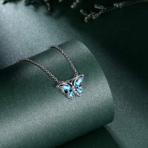 Hipunk Butterfly Blue Necklace Birthstone Women 925 Sterling Silver March-Auqamarine Birth Stone Animal Butterflies Pendant Crystal Birthday Jewelry SP0075M