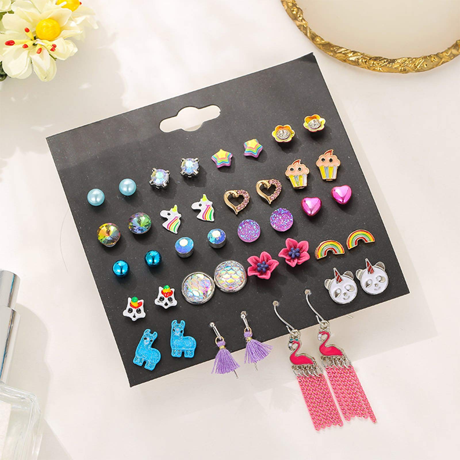 NEWITIN 100 Pairs Colorful Cute Stud Earrings for Girls Hypoallergenic Earrings Stainless Steel Earrings for Girls and Women