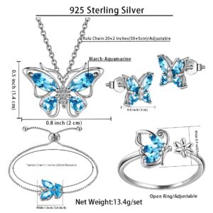 Hipunk Butterfly Blue Jewelry Sets Birthstone Women 925 Sterling Silver March-Auqamarine Birth Stone Animal Butterflies Jewelry Sets/Earring/Ring/Bracelet Set Crystal Birthday Jewelry SS0003M