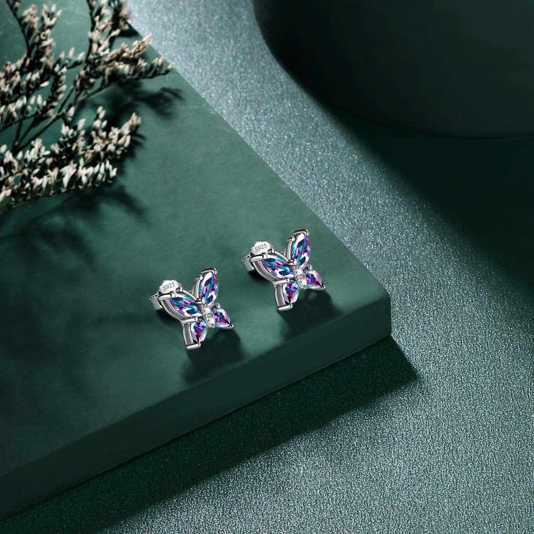 Hipunk Butterfly Mystic-Rainbow-Topaz Earring Studs Birthstone Women 925 Sterling Silver Fire-Topaz Birth Stone Animal Butterflies Stud Earring Crystal Birthday Jewelry SE0016C