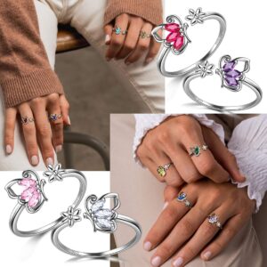 Hipunk Butterfly Purple Rings Bands Statement Birthstone Women 925 Sterling Silver Februsry-Amethyst Birth Stone Animal Butterflies Adjust Ring Crystal Birthday Jewelry SR0002F