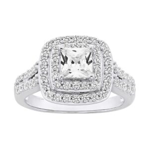 .925 sterling silver cushion cut cubic zirconia split shank double halo engagement ring - size 9