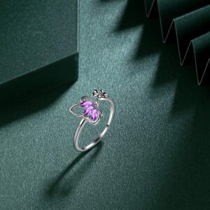 Hipunk Butterfly Purple Rings Bands Statement Birthstone Women 925 Sterling Silver Februsry-Amethyst Birth Stone Animal Butterflies Adjust Ring Crystal Birthday Jewelry SR0002F