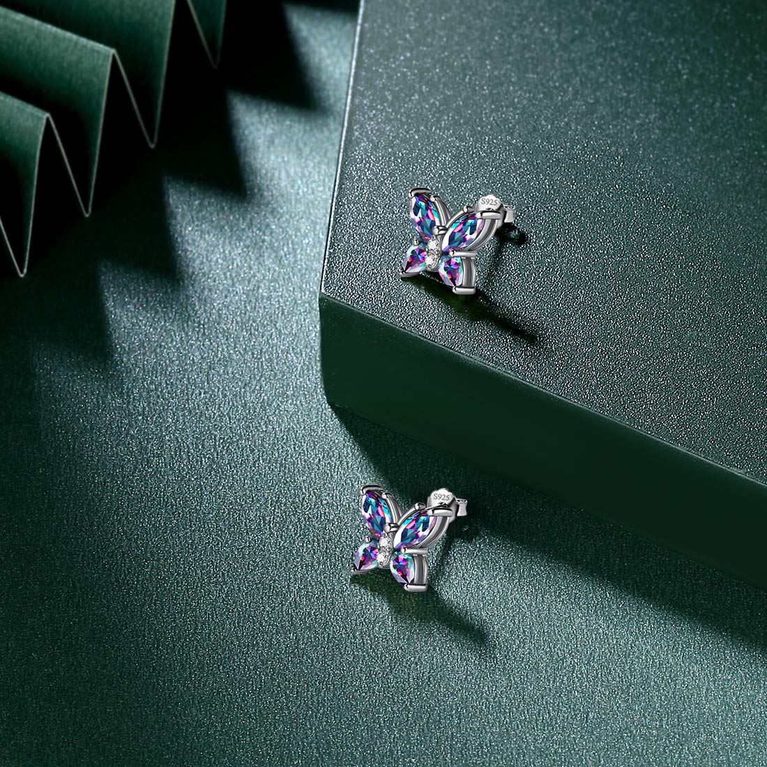 Hipunk Butterfly Mystic-Rainbow-Topaz Earring Studs Birthstone Women 925 Sterling Silver Fire-Topaz Birth Stone Animal Butterflies Stud Earring Crystal Birthday Jewelry SE0016C