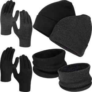 6 pieces winter beanie hat scarf touchscreen gloves neck warm knitted fleece lined for men and women (black, dark grey)