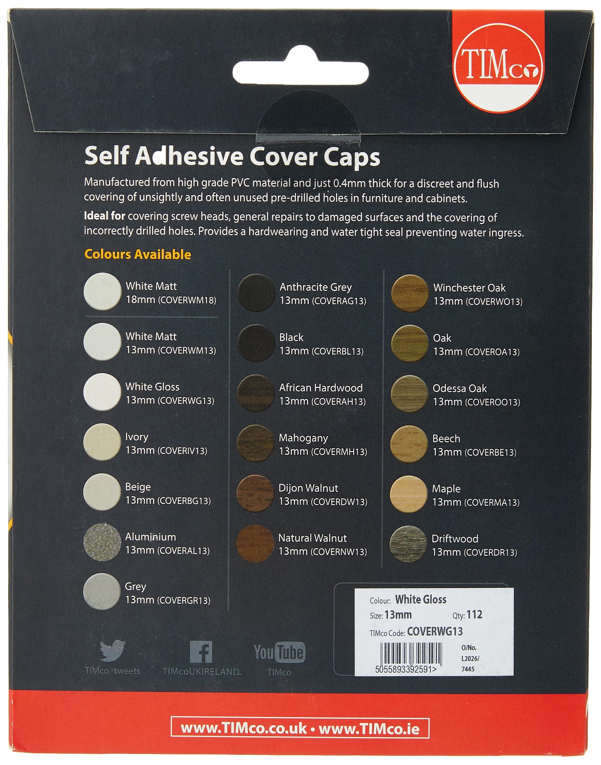 TIMco Self-Adhesive Cover Caps 13 mm - White Gloss - (Pack 112) - COVERWG13