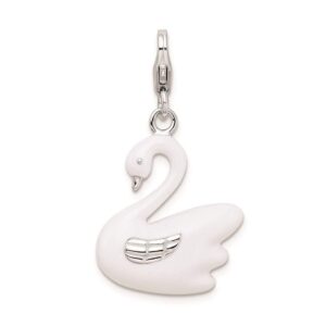 amore la vita sterling silver rhodium-plated polished 3-d enameled swan charm with fancy lobster clasp qqcc568