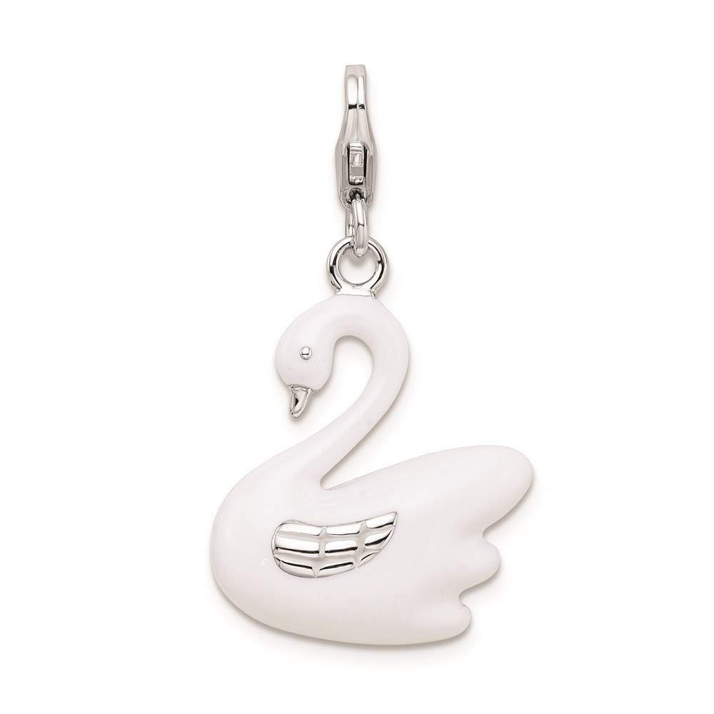 Amore La Vita Sterling Silver Rhodium-plated Polished 3-D Enameled Swan Charm with Fancy Lobster Clasp QQCC568