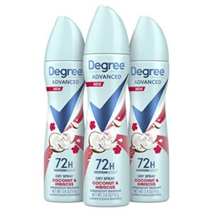 degree advanced antiperspirant deodorant dry spray coconut & hibiscus 3 count 72-hour sweat and odor protection deodorant spray with motionsense technology 3.8 oz