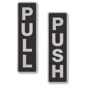 smartsign pack of 2 push and pull door signs, 2" x 7", 20 mil thick anodized aluminum material, strong adhesive backing, waterproof, sealed legend, black and silver, usa made