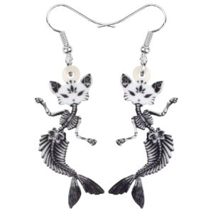 duowei halloween mermaid skull cat earrings acrylic funny dangle jewelry for women gifts (black)