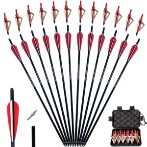 tit-coyo 20 22 inch crossbow bolts and crossbow broadheads set carbon crossbow arrows for hunting and outdoor practice, 12pcs red arrows 12pcs broadheads(24 pack) (20)