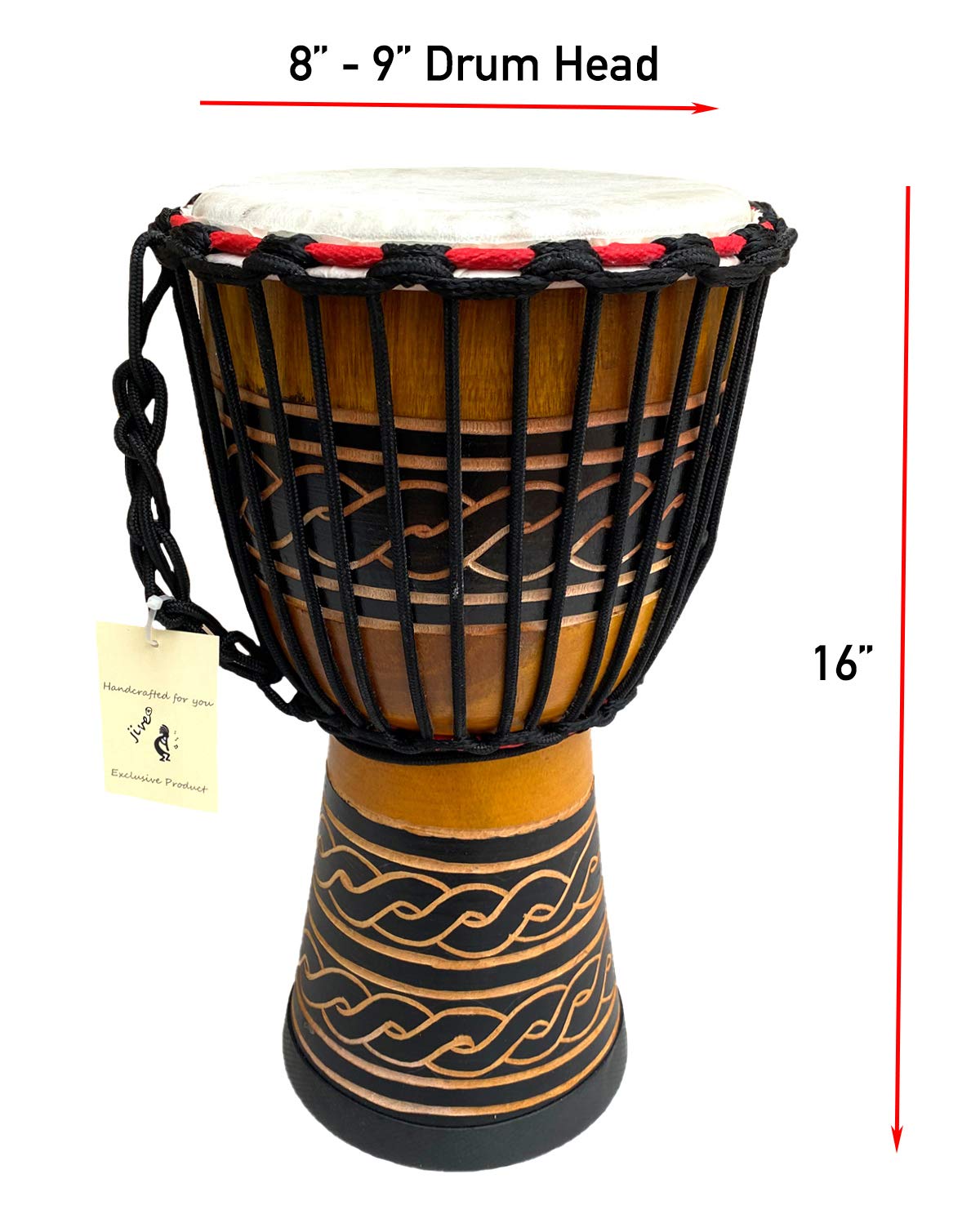 JIVE BRAND Djembe Drum Bongo Congo African Mahogany Wood Drum With Heavy Base Goat Skin Drum Head Hand Carved Professional Quality - 16" High - NOT MADE IN CHINA