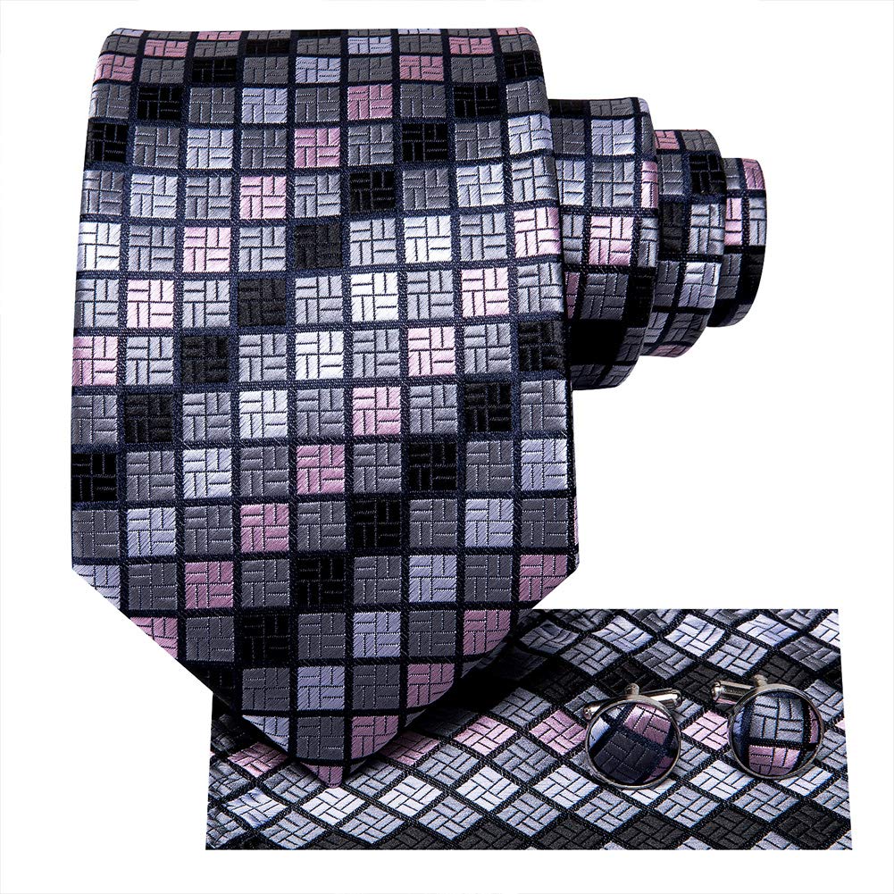 Hi-Tie Mens Plaid Ties Classic Paisley Necktie with Handkerchief Cufflinks Set Business Stripe Tie,Grey Pink