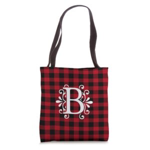 red and black buffalo plaid monogram letter b initial gift tote bag