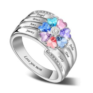 bauma auto personalized womens ring with 2-8 birthstones & custom names sterling silver mother ring anniversary rings for mother's day women grandma wife (7 name)