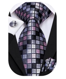 hi-tie mens plaid ties classic paisley necktie with handkerchief cufflinks set business stripe tie,grey pink