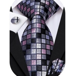 Hi-Tie Mens Plaid Ties Classic Paisley Necktie with Handkerchief Cufflinks Set Business Stripe Tie,Grey Pink