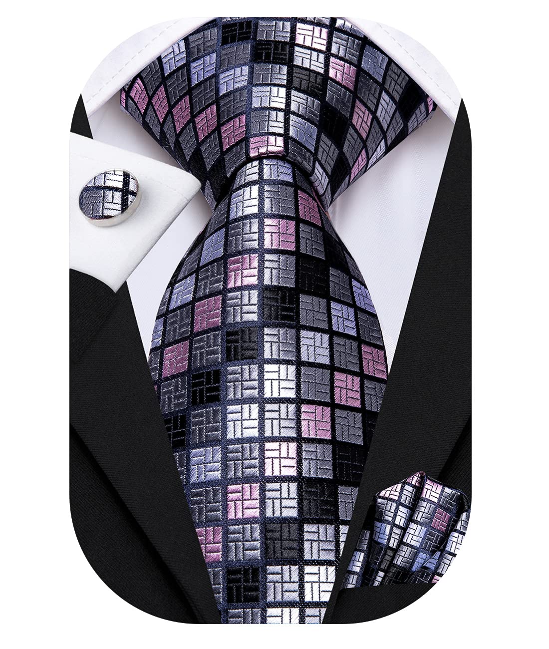 Hi-Tie Mens Plaid Ties Classic Paisley Necktie with Handkerchief Cufflinks Set Business Stripe Tie,Grey Pink