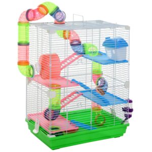 pawhut 18" 5 tier hamster cage with tubes and tunnels, small animal cage with portable carry handle, gerbil cage with water bottle, food dish, exercise wheel