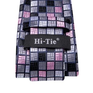 Hi-Tie Mens Plaid Ties Classic Paisley Necktie with Handkerchief Cufflinks Set Business Stripe Tie,Grey Pink