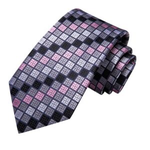 Hi-Tie Mens Plaid Ties Classic Paisley Necktie with Handkerchief Cufflinks Set Business Stripe Tie,Grey Pink