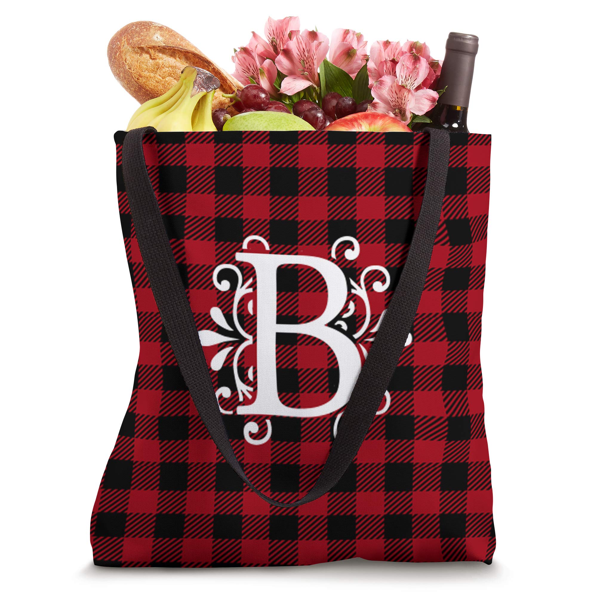 Red and Black Buffalo Plaid Monogram Letter B Initial Gift Tote Bag