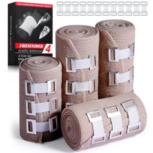 fresinider elastic bandage wrap 4 pack(2 x 3" + 2 x 4" wide rolls) + 24 clips | stretch compression bandage stretches up to 15ft | ideal for medical, sports, sprains, calf, ankle & foot