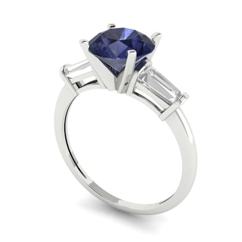 Clara Pucci 2.0 ct Round Cut 3 stone Solitaire Simulated Blue Sapphire Engagement Promise Anniversary Bridal Ring 18K White Gold 10.5