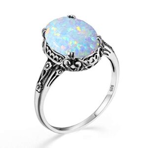 szjinao 6ct white opal ring sterling silver rings for women floral edwardian antique filigree engagement wedding ring (opal, 7)