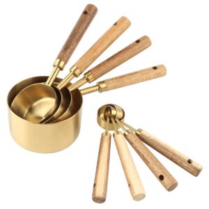 8 piece measuring cups and spoons set stainless steel measuring cups and spoons with wood handle for dry and liquid ingredients(golden)