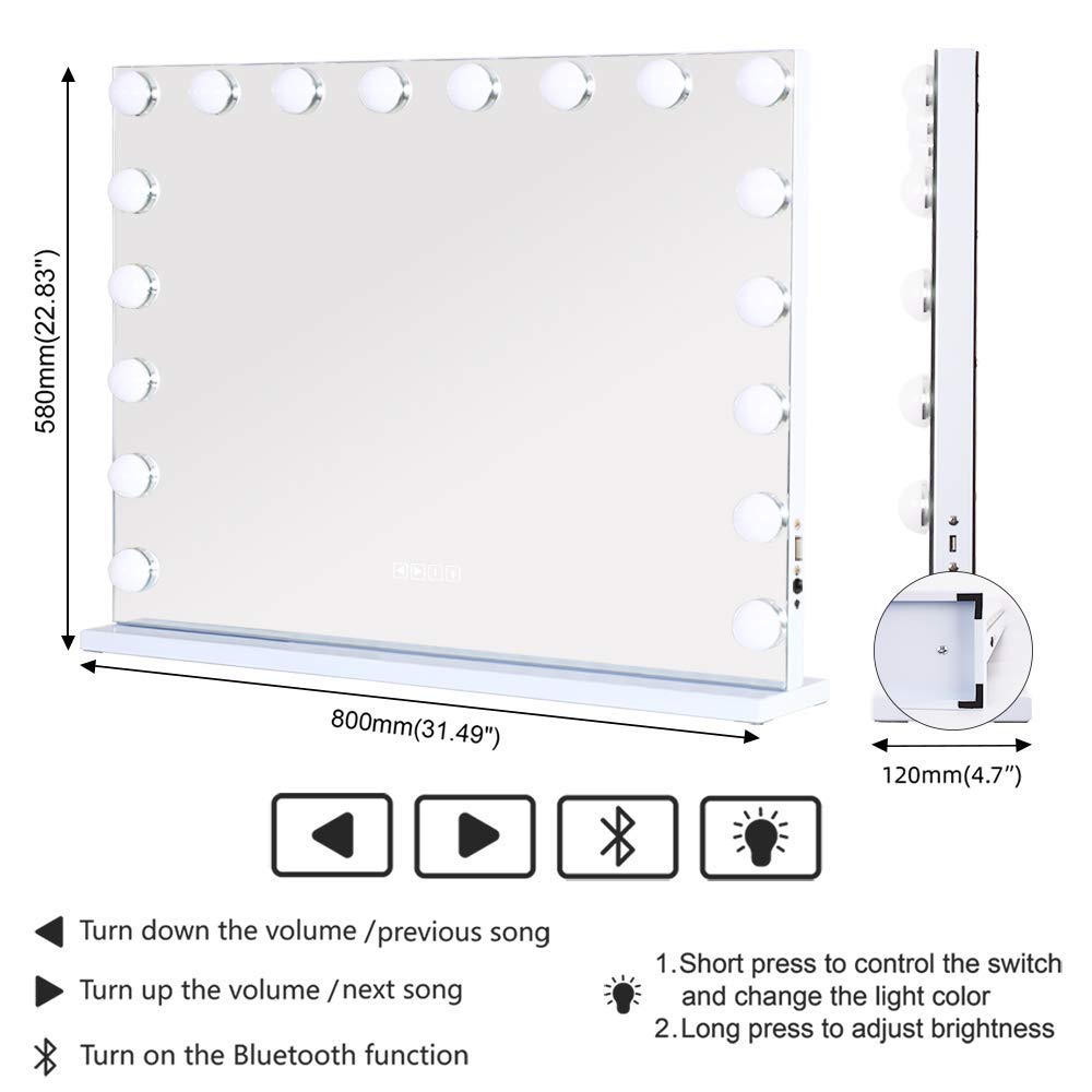 Bobening Vanity Mirror for Makeup Bluetooth, Extra Large Hollywood Lighted Mirror with 18 Dimming LED Bulbs Smart, Tabletop/Hanging Cosmetic Mirror with Touch Screen & USB Charging Port & Speaker