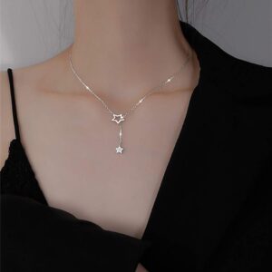 Crystal Star Lariat Y Pendant Necklace for Women 925 Sterling Silver Fashion Dainty CZ Lucky Stars Drop Choker Hypoallergenic Jewelry Christmas Valentine Holiday Gift