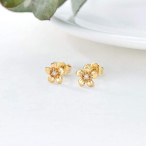 14k Gold Flower Stud Earrings for Women With Push Backs, Yellow Gold Blossom Flower Moissanite Earring, Anniversary Mothers Day Jewelry Gifts for Mom/Wife/Friend