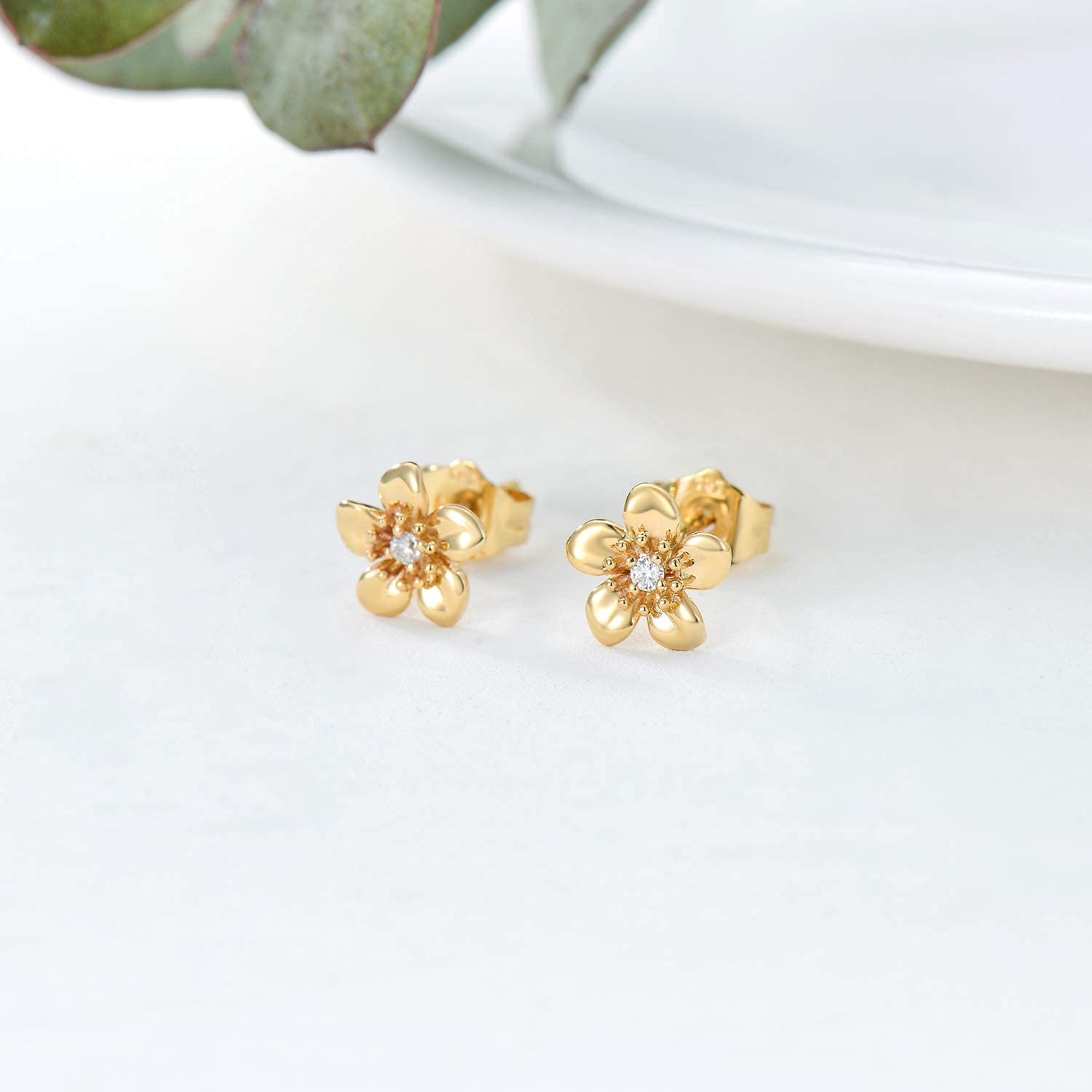 14k Gold Flower Stud Earrings for Women With Push Backs, Yellow Gold Blossom Flower Moissanite Earring, Anniversary Mothers Day Jewelry Gifts for Mom/Wife/Friend