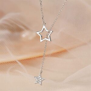 Crystal Star Lariat Y Pendant Necklace for Women 925 Sterling Silver Fashion Dainty CZ Lucky Stars Drop Choker Hypoallergenic Jewelry Christmas Valentine Holiday Gift