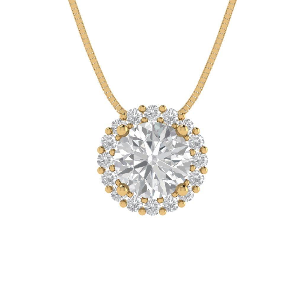 Clara Pucci 1.4 ct Round Cut Pave Halo Genuine Moissanite Solitaire Pendant Necklace With 18" Gold Chain box 18K Yellow Gold