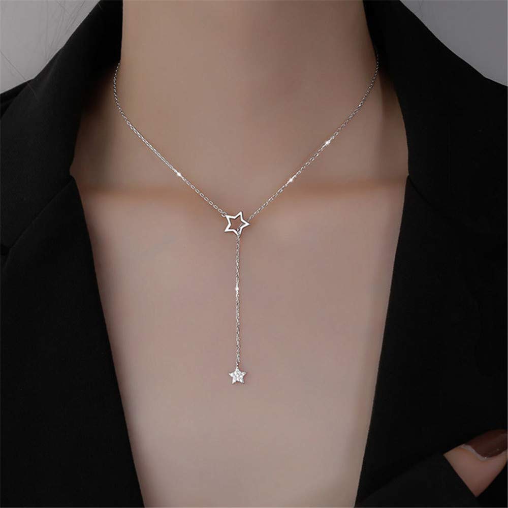 Crystal Star Lariat Y Pendant Necklace for Women 925 Sterling Silver Fashion Dainty CZ Lucky Stars Drop Choker Hypoallergenic Jewelry Christmas Valentine Holiday Gift