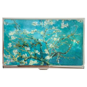 mother of pearl business card case credit id name holder travel wallet art painting design metal stainless steel engraved slim purse pocket cash money wallet (almond blossom)