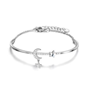 aoboco sterling silver crescent moon star bangle bracelet embellished with crystals from austria, hypoallergenic silver moon jewelry anniversary birthday gifts for women wife(new version)