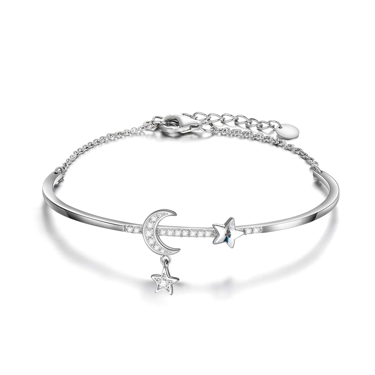 AOBOCO Sterling Silver Crescent Moon Star Bangle Bracelet Embellished with Crystals from Austria, Hypoallergenic Silver Moon Jewelry Anniversary Birthday Gifts for Women Wife(New Version)