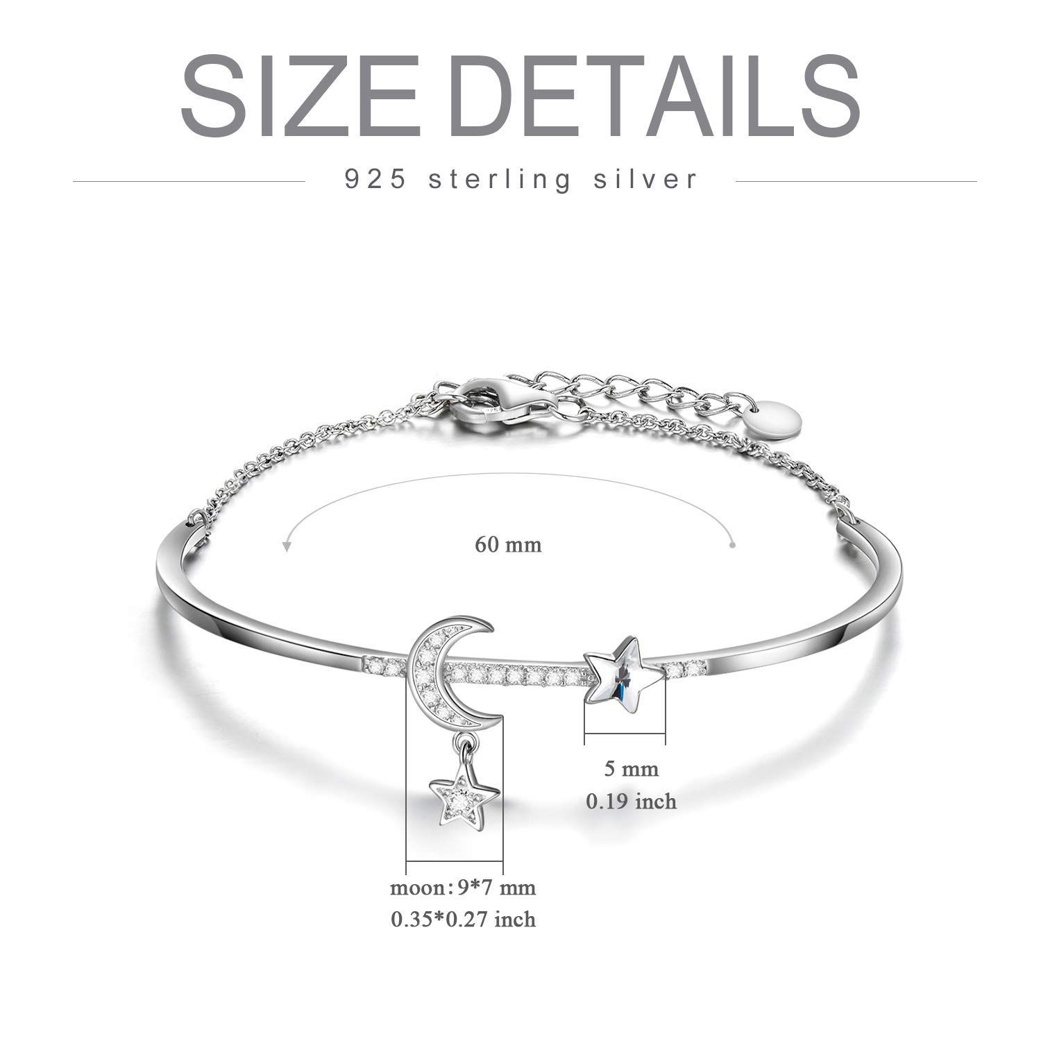 AOBOCO Sterling Silver Crescent Moon Star Bangle Bracelet Embellished with Crystals from Austria, Hypoallergenic Silver Moon Jewelry Anniversary Birthday Gifts for Women Wife(New Version)