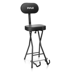 pyle seat with padded cushion-heavy-duty ergonomic backrest w/fold stand, foot rest, collapsible design, holds acoustic, electric & bass guitars, 300 lbs max load capacity pyg60