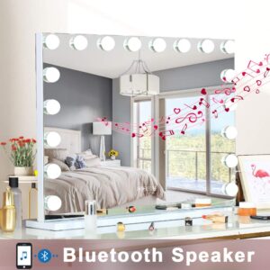 Bobening Vanity Mirror for Makeup Bluetooth, Extra Large Hollywood Lighted Mirror with 18 Dimming LED Bulbs Smart, Tabletop/Hanging Cosmetic Mirror with Touch Screen & USB Charging Port & Speaker