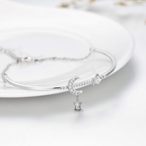 AOBOCO Sterling Silver Crescent Moon Star Bangle Bracelet Embellished with Crystals from Austria, Hypoallergenic Silver Moon Jewelry Anniversary Birthday Gifts for Women Wife(New Version)