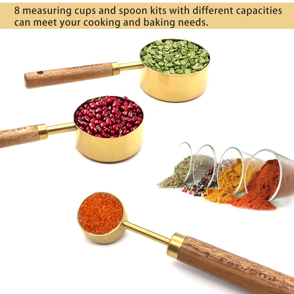 8 Piece Measuring Cups and Spoons Set Stainless Steel Measuring Cups and Spoons with Wood Handle for Dry and Liquid Ingredients(Golden)